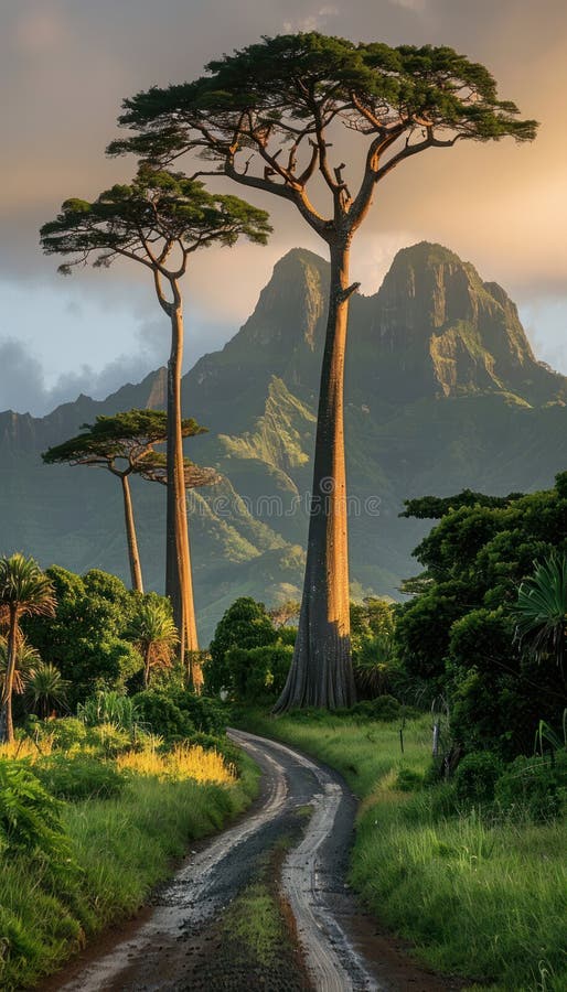 Majestic Baobabs at Sunrise Scenic Pathway through Lush Teeming Forest with Towering Trees and ...