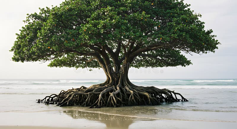 Majestic Beachfront Tree with Exposed Roots Stock Illustration ...