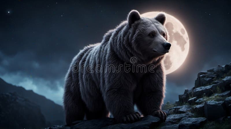 Majestic Bear Standing Under a Glowing Full Moon in a Tranquil Night ...