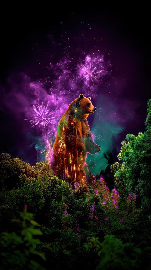 Majestic Bear Stands in a Forest at Night Surrounded by Fireworks and ...