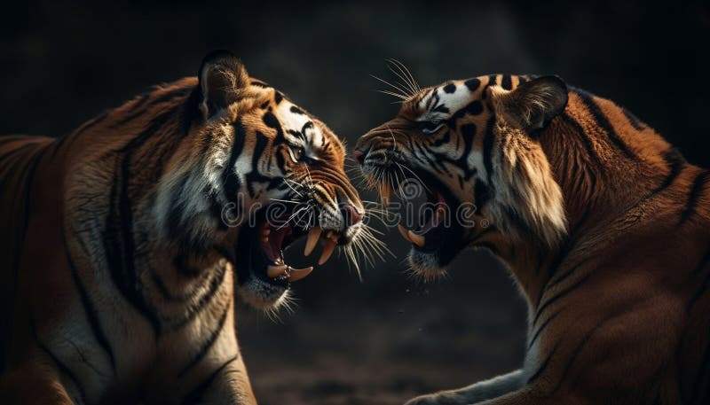 Majestic Bengal Tiger, a Large, Striped Feline, Roaring in Aggression ...