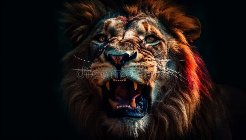 Majestic Big Cat Roaring with Fury, Showing Sharp Fangs Generated by AI ...