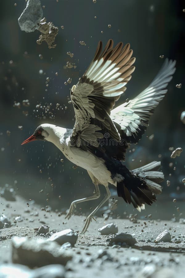Majestic Bird in Dynamic Flight through Rocky Terrain with Debris and ...