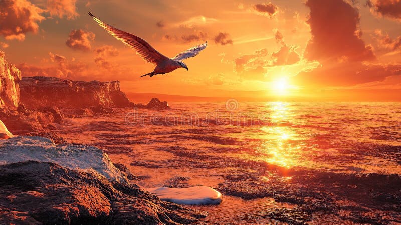 Majestic Bird in Flight Over Dramatic Sunset Ocean Stock Photo - Image ...