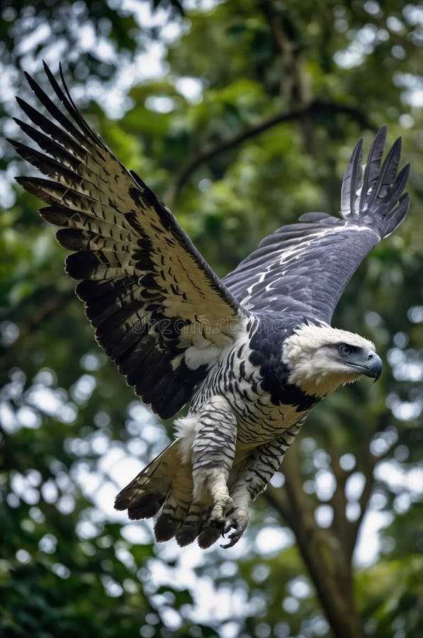 Majestic Harpy Eagle in Flight, Soaring through Lush Green Forest Stock Illustration ...