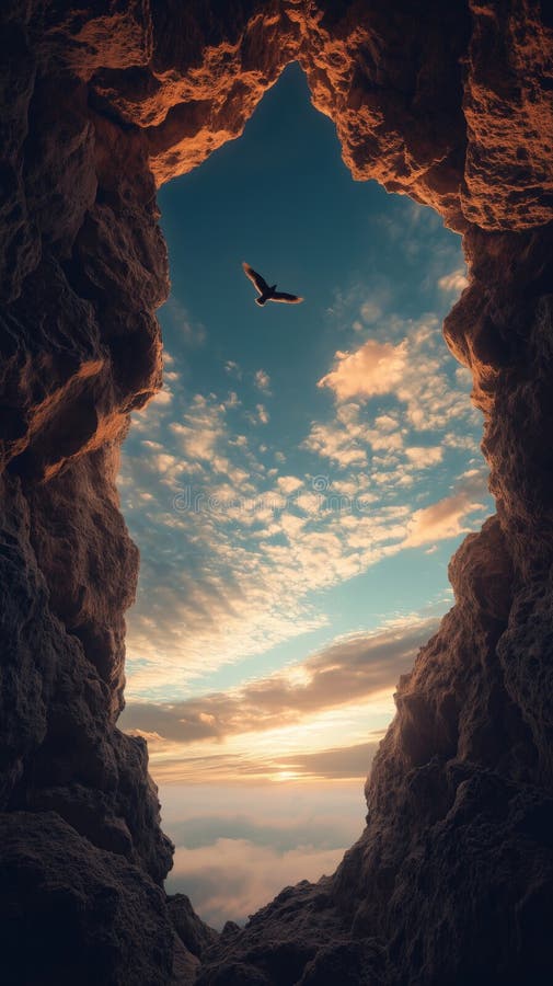 Majestic Bird Soaring through Rocky Cave at Sunset Stock Photo - Image ...