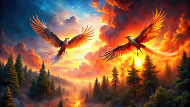 Majestic Birds of Fire Soar Over Misty Forest at Sunset. Generative AI ...