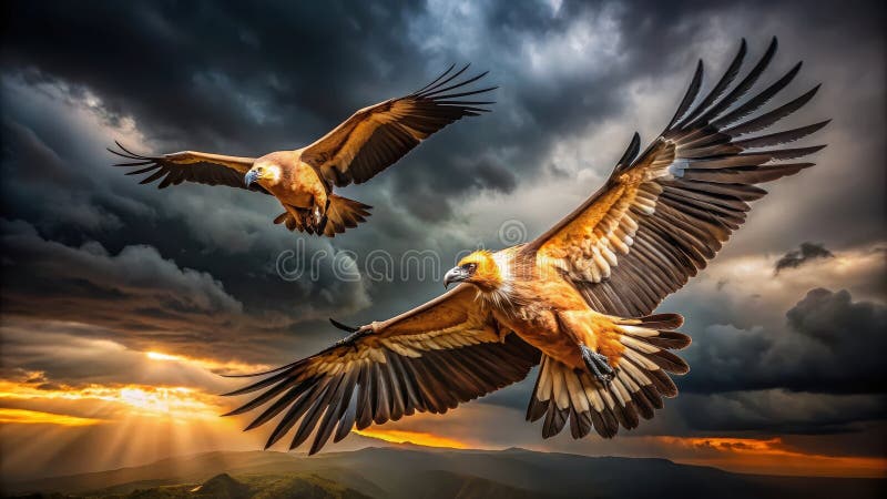 Majestic Birds of Prey Soaring through Dramatic Sunset Sky. Generative AI Stock Illustration ...