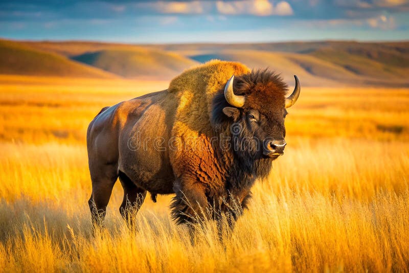Majestic Bison in Golden Grasslands at Sunrise Stock Illustration ...