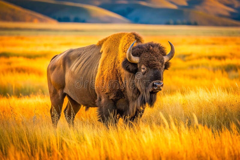 Majestic Bison in Golden Prairie Landscape Stock Illustration ...