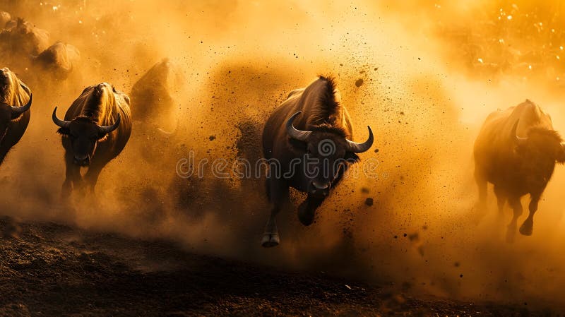 Majestic Bison Stampede in Golden Dust at Sunset Stock Image - Image of ...