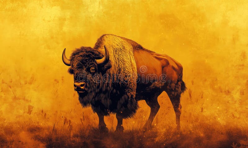Majestic Bison Standing Against a Vibrant Orange Background in a ...