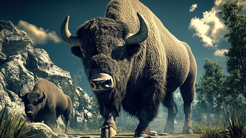 Majestic Bison Staring, Mountain Backdrop, Wildlife Scene, Nature ...