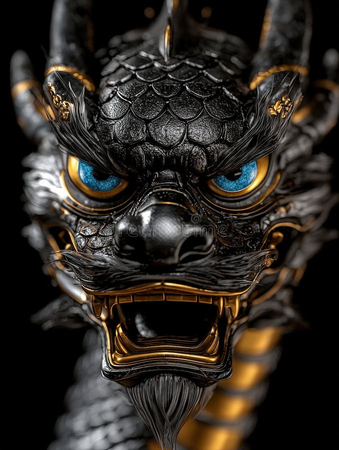 Majestic Black and Gold Dragon with Piercing Blue Eyes. Stock ...