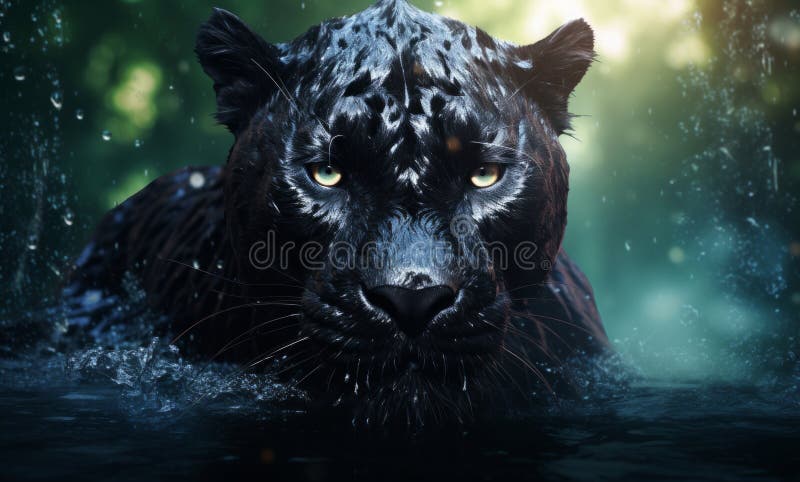 A Majestic Black Panther in the Water Stock Photo - Image of hunter ...