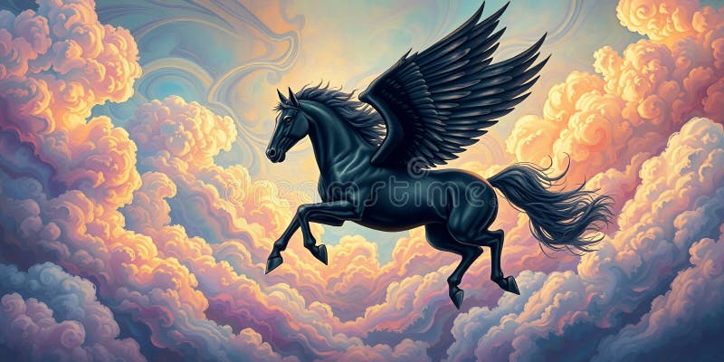 Majestic Black Pegasus Soaring through Dreamlike Cloudscape Stock ...