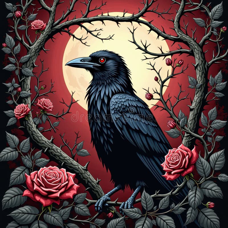 Majestic Black Raven Perched on Thorny Rose Branch Against Full Moon ...
