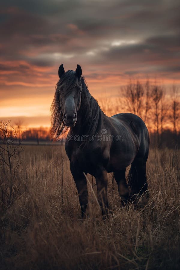 Majestic Black Stallion Standing in a Field at Sunset. Stock Image ...