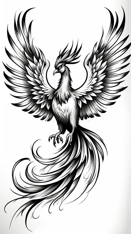 Majestic Black and White Phoenix Illustration with Detailed Feathers in ...