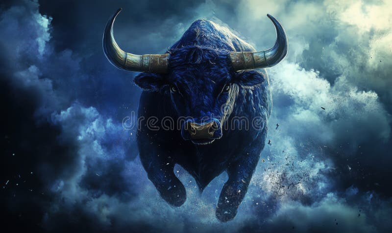 Majestic Blue Bull Charging through Dramatic Stormy Clouds in Dynamic ...
