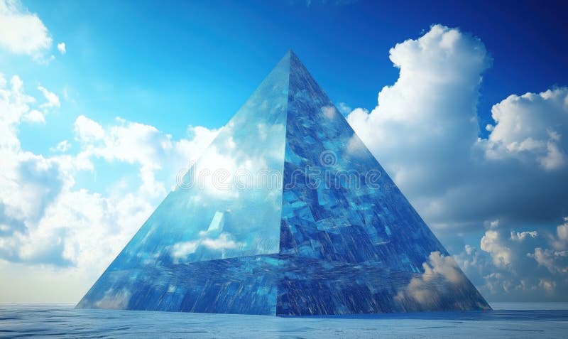Majestic Blue Crystal Pyramid Under a Bright Sky with Fluffy Clouds ...