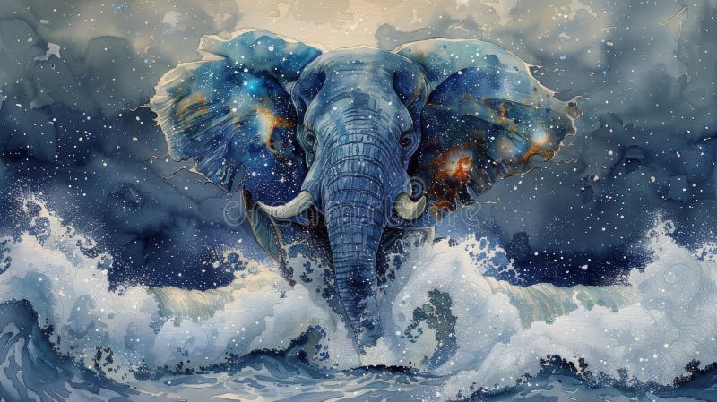 A Majestic Blue Elephant Emerges from the Crashing Waves, Its Form ...