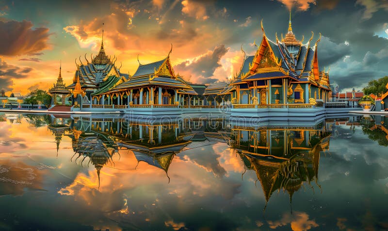 A Majestic Blue and Gold Thai Temple Complex is Reflected in the Still ...