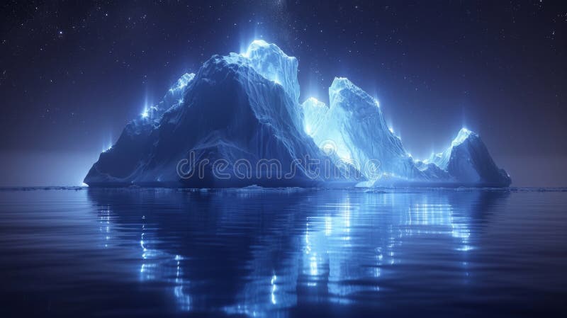 Majestic Blue Iceberg Illuminated at Night Reflecting in Calm Ocean ...