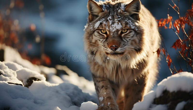 Majestic Bobcat in Winter Forest, Looking at Camera Generated by AI ...