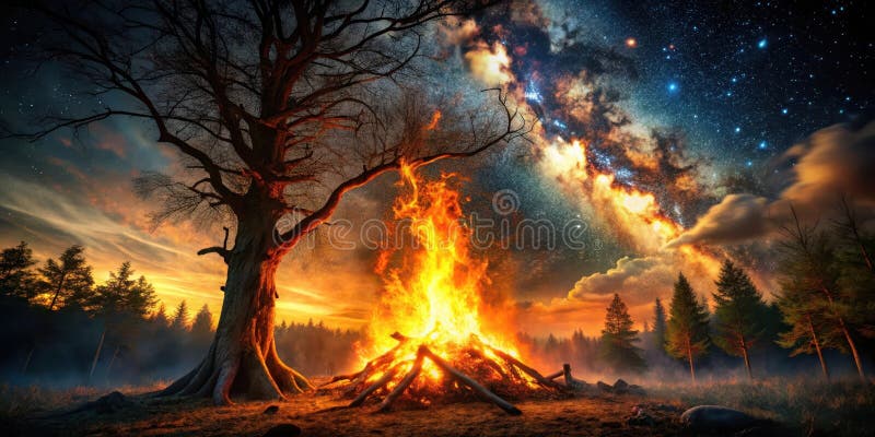 Majestic Bonfire Under a Vibrant Night Sky, with a Large Tree and a ...
