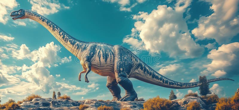Majestic Brachiosaurus Standing on Rocky Terrain Under Dramatic Sky ...