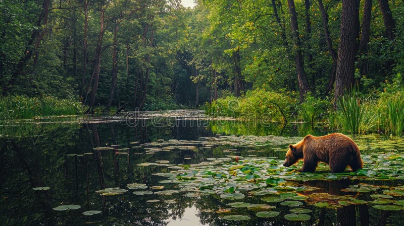 Majestic Brown Bear Foraging in a Tranquil Forested Wetland Surrounded ...