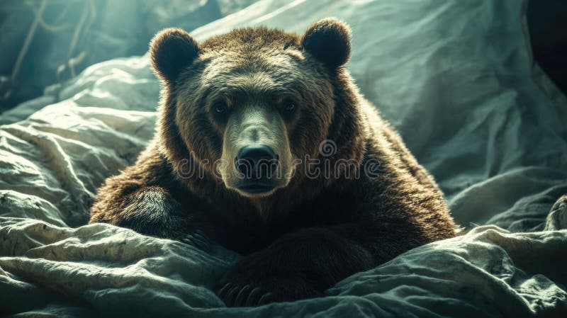 Majestic Brown Bear Resting on Bed of Soft Sunlit Fabric with Calm ...