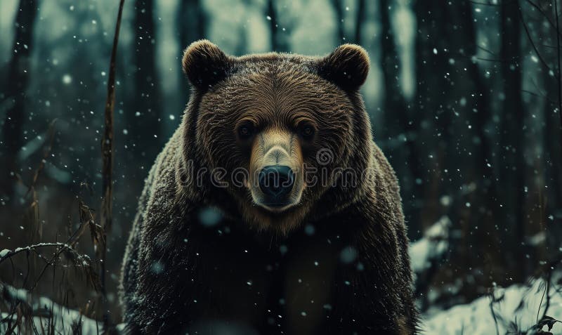Majestic Brown Bear in Snowy Forest Setting with Soft Snowfall Stock ...