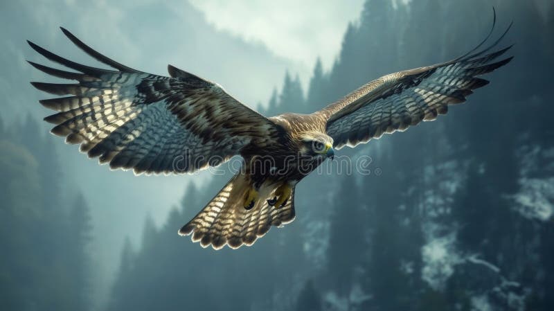 Majestic Brown Eagle Soaring Over Misty Mountains Stock Illustration - Illustration of wings ...