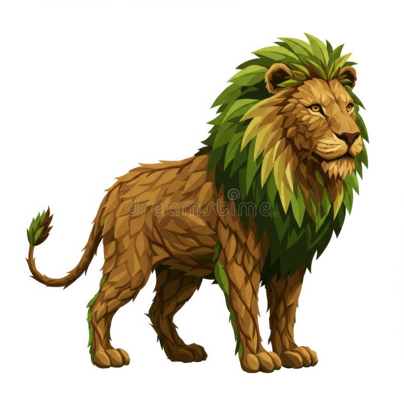 Majestic Brown Lion with Lush Green Mane Stock Illustration - Illustration of mane, africa ...