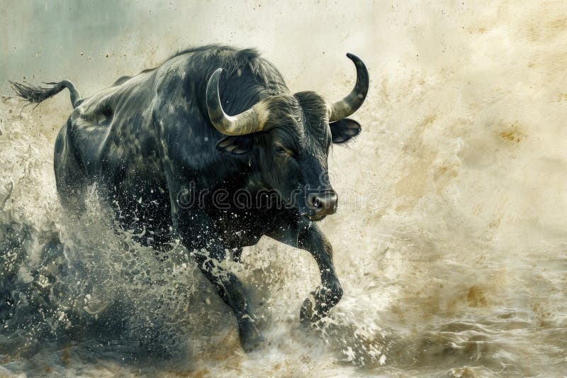 Majestic Buffalo Charging through Water Stock Photo - Image of water ...