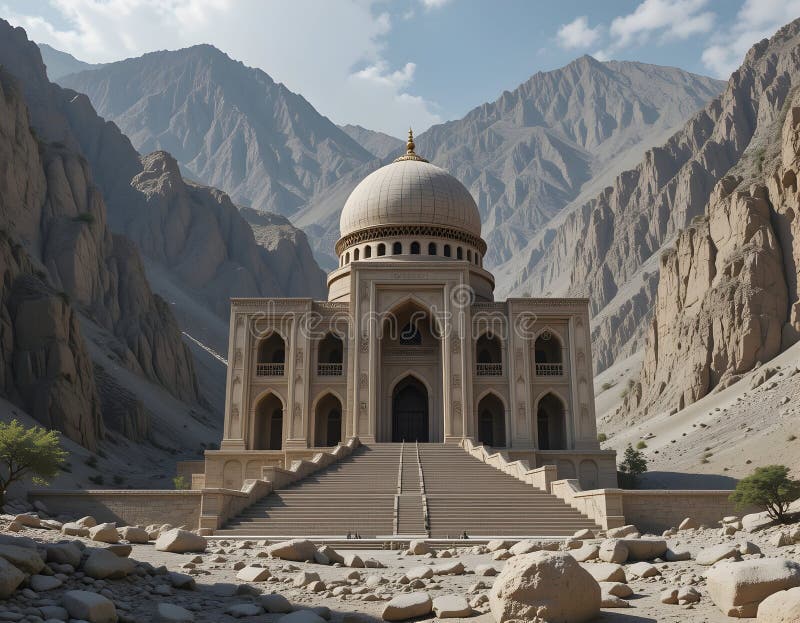 Majestic Building and Mountain Landscape Scene with Dramatic ...