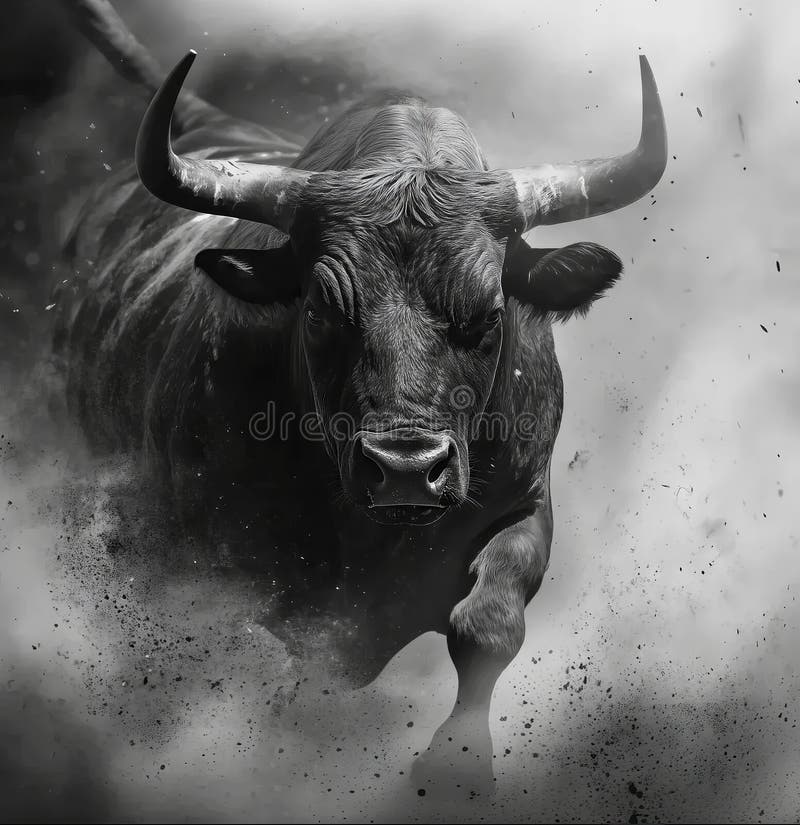 Powerful Bull Charging through Dust Cloud in Black and White Stock ...