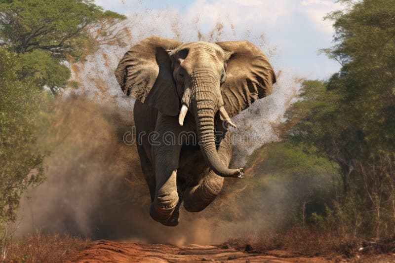 Majestic Bull Elephant Charging through Open Savannah Stock ...