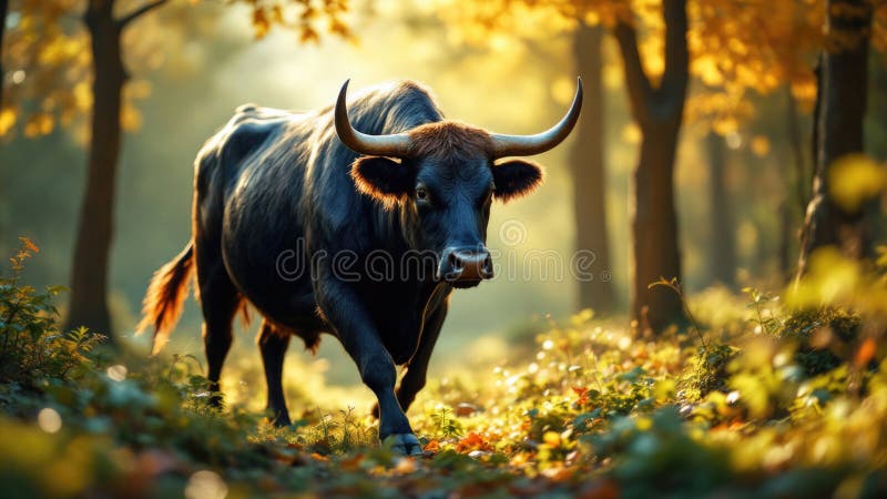 Majestic Bull Walking through Autumn Forest at Sunrise Stock Photo ...