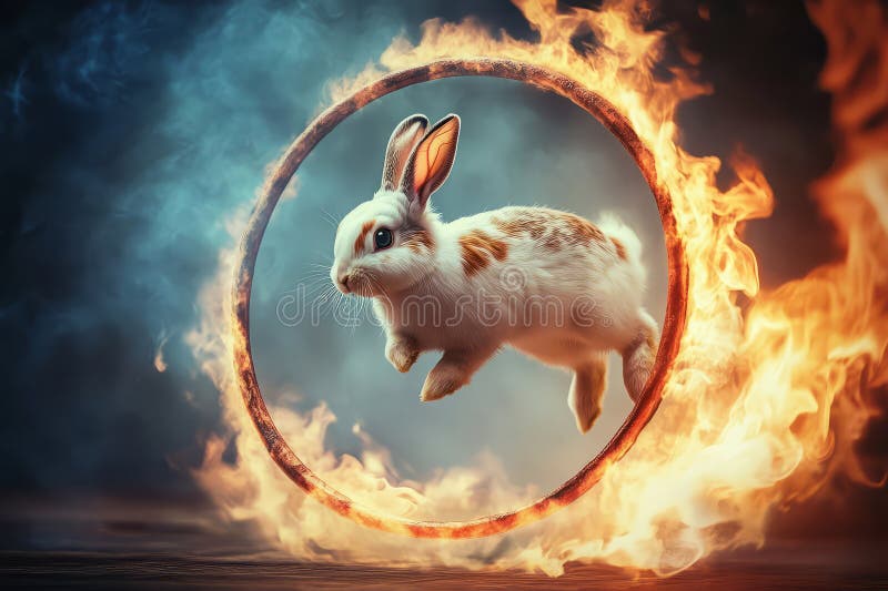 Majestic Bunny Leaping through Flaming Hoop in Dramatic Scene Stock ...