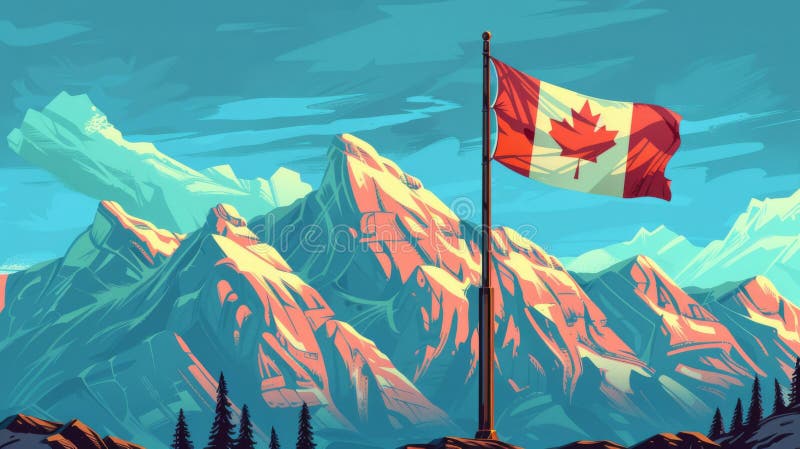 Majestic Canadian Rockies with Vibrant Maple Leaf Flag Stock Image ...