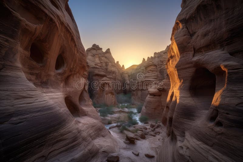 Majestic Canyon with Sun Setting, Casting Warm Light on Rock Formations ...