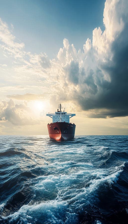 Majestic Cargo Ship Navigating Deep Ocean Waters Under Clear Sky and ...