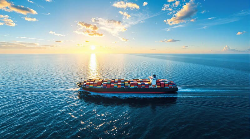 Majestic Cargo Ship Sailing at Sunset on Vast Ocean Horizon Stock Photo ...