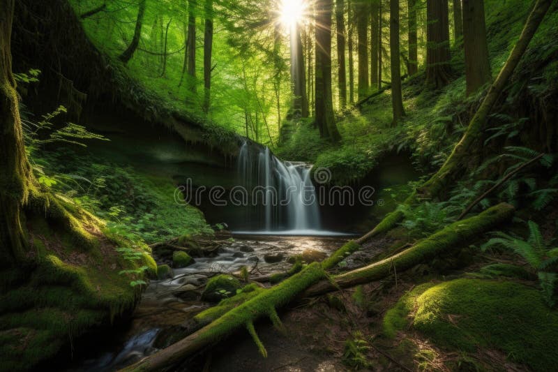 Majestic Cascade in Forest Setting, with Sunlight Shining through the ...