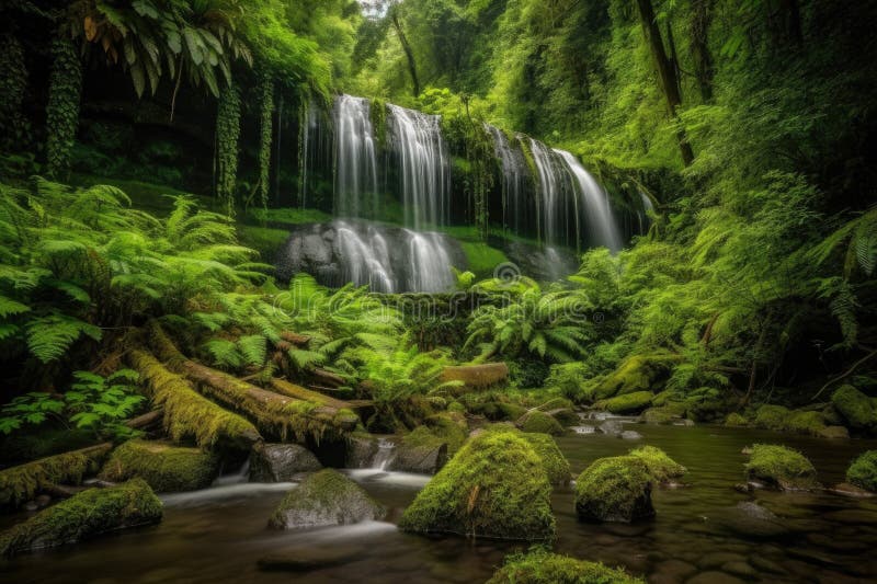 Majestic Cascading Waterfall Surrounded by Lush Green Forest Stock ...
