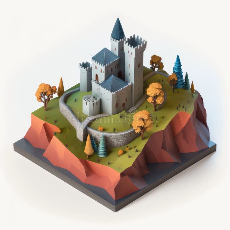 Majestic Castle Atop a Hill Overlooking a Valley, Isometric Low Poly ...