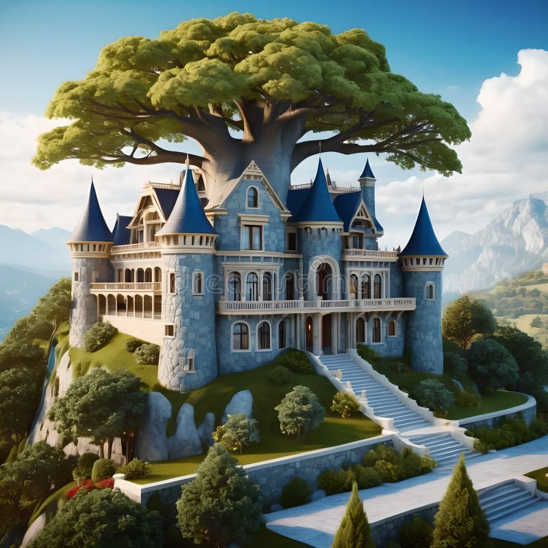 Majestic Castle on a Cliff with a Tree Growing through it. Stock ...